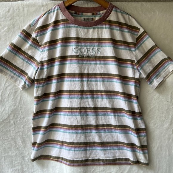 Guess | Tops | Vintage Guess Stripe Tee Short Sleeve Embroidered Logo ...